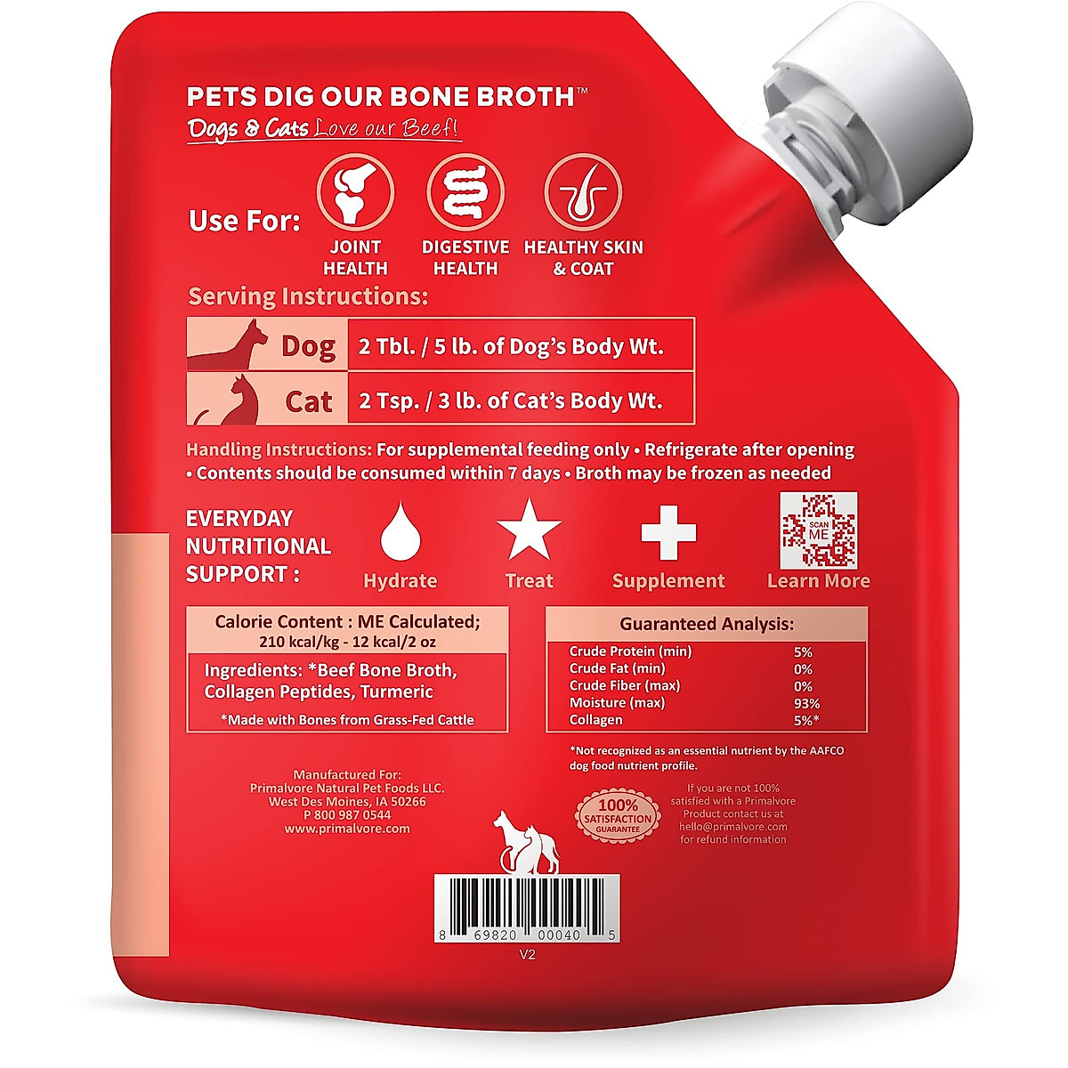Primalvore Beef & Duck Free-Range Bone Broth for Dogs &Cats, Mobility Formula w/Collagen Peptides for Hip&Joints, Digestion, Skin&Coat and Hydration. Grain Free, Human Grade, Made in USA. 4 Pack