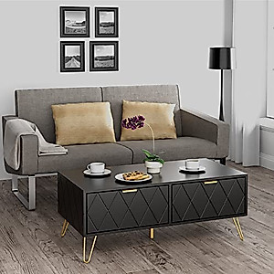 Scurrty 39.4'' Coffee Table with Large Drawers & 2 Open Storage Shelves, Black Modern Coffee Tables with Gold Metal Handles for Living Room, Bedroom and Study (Black)