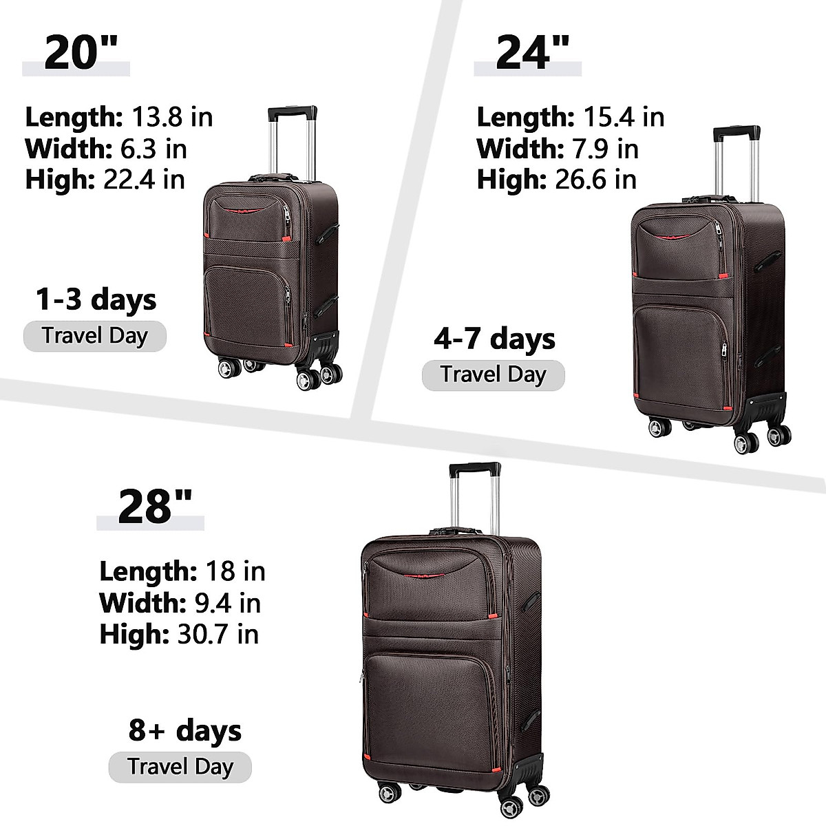 PINPON Luggage Sets 3 Piece, Softside Lightweight Expandable Luggage Sets with TSA Lock, Carry On Luggage with Spinner Wheels for Women Men, Travel Suitcase Lightweight (20/24 / 28, Brown)