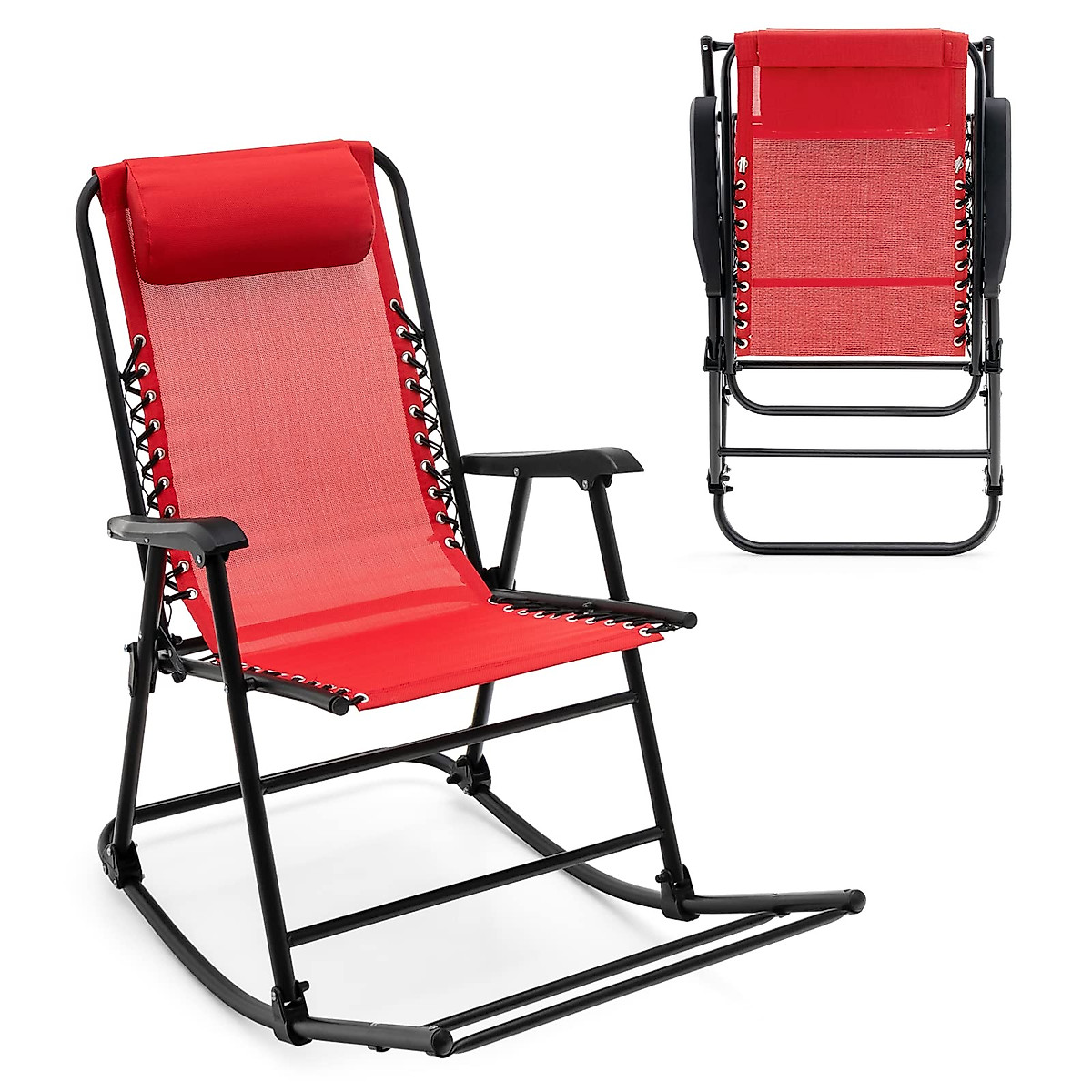 Goplus Folding Rocking Chair, Zero Gravity Rocking Camping Chair with Pillow & Armrests, Folding Lounge Rocker for Outdoor Beach Poolside Yard Garden Indoor (Set of 2, Red)