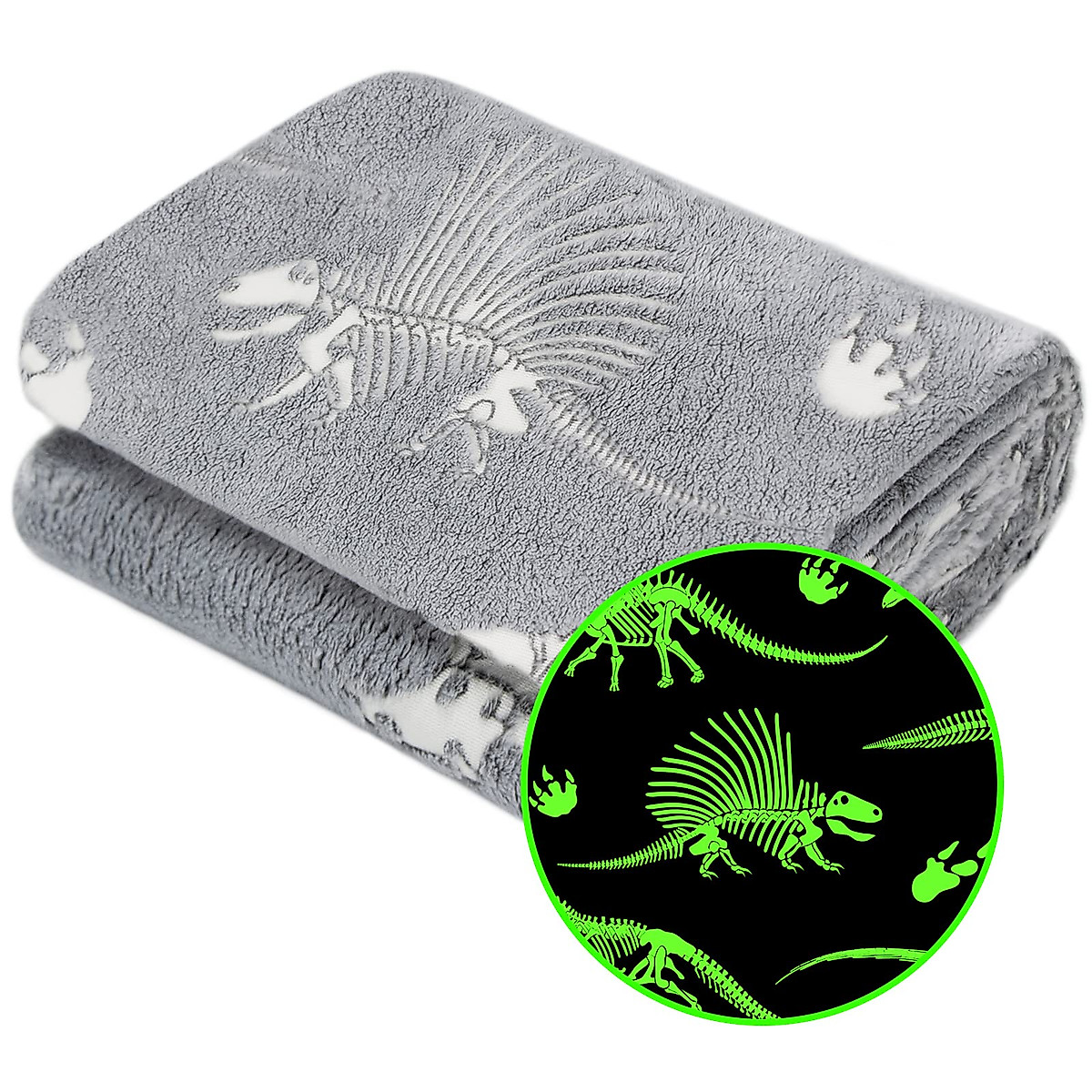 Glow in The Dark Blanket Dinosaur Throw Blanket for Boys Kids Soft Warm Cozy Cute Dino Blanket Unique Dinosaur Toys Gifts Gray Glowing Dinosaur Room Decor Blankets for Girls Teens 50"x60"