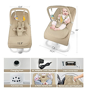 Portable Baby Bouncer, Bouncer for Babies 0-6 Months, Baby Bouncer Seat for Infants Seat with Comfortable Seat, Baby Bouncer with Bluetooth- 5 Speeds