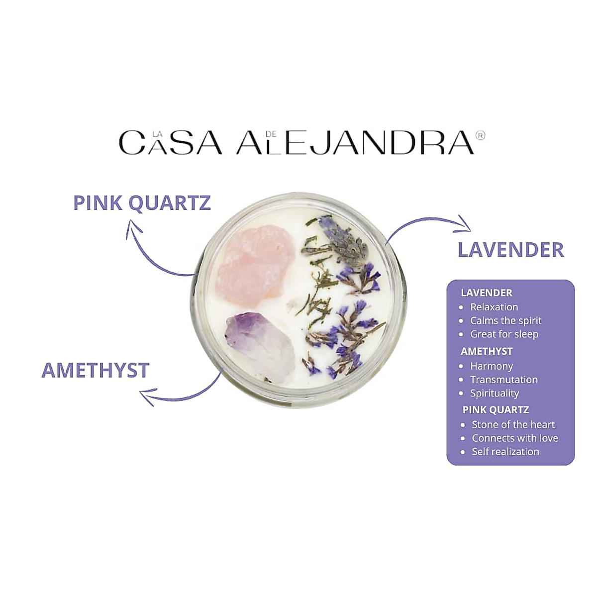 Lavander Aromatherapy Candle with Amethyst and Rose Quartz + Soy Wax + Scented Oil + Cinnamon Decoration + Quartz + Healing Crystal +12 oz. La CASA de ALEJANDRA
