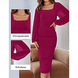 ZESICA Women's Sexy Ruched Bodycon Midi Dress Long Puff Sleeve Square Neck Backless Cocktail Party Wedding Dresses,Plum,Small