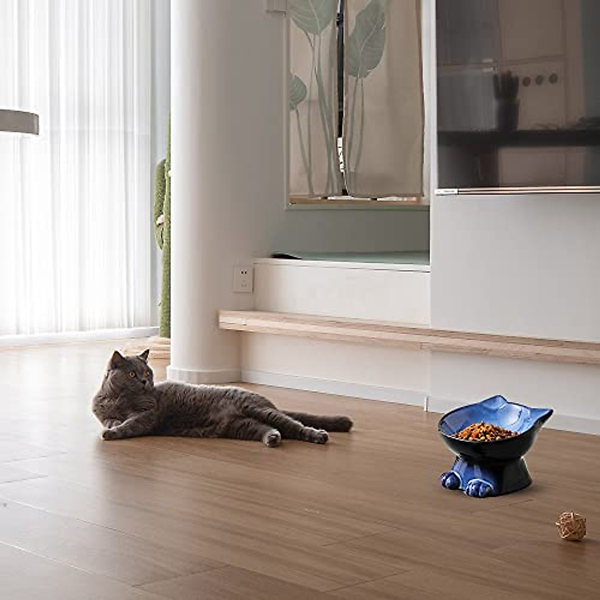 Nihow Slanted Elevated Cat Bowls: 5 Inch Ceramic Raised Cat Food Bowl for Protecting Pet's Spine - Microwave & Dishwasher Safe -Elegant Blue & Black (4.5 OZ /1 PC)
