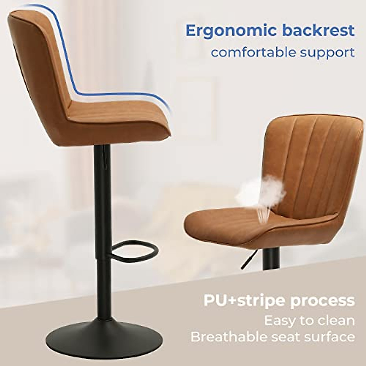 DICTAC Bar Stools Set of 2 Brown Leather, Swivel Bar Chairs Set of 2, Counter Height Barstools for Kitchen Island, Capacity 400lbs