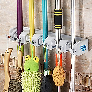 Broom Holder - Wall Mount Tool Organizer Rack - 5 Slots with Automatic Handle Grips - Perfect for Brooms, Mops, Dusters, Rakes, Shovels, etc. - 6 Foldable Hooks for Smaller Tools/Cloths