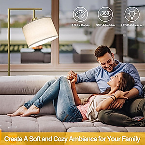 CNXIN Floor Lamp for Living Room with 3 Color Temperatures Standing Lamp with Adjustable Beige Linen Lampshade Tall Lamps for Bedroom Office Classroom Dorm Room, 9W LED Bulb Included, Gold