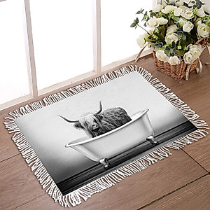 Beauty Decor Indoor Doormat Welcome Mat with Tassel Farmhouse Animal Highland Cow in Bathtub Bubble Funny Cattle Entrance Door Mat Rubber Backing Non Slip Area Rug for Home Office Garden- 18" x 30"