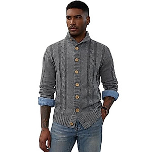 Mens Stand Collar Cardigan Button Down Slim Fit Cable Knitted Sweater Gray 2XL