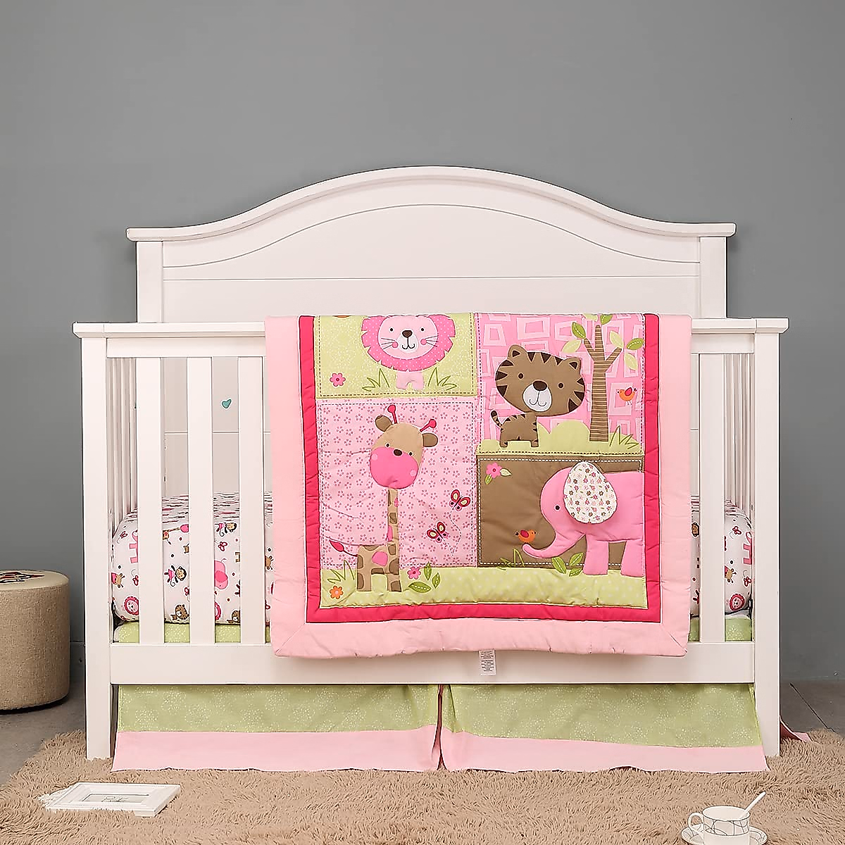 Brandream Crib Bedding Sets for Girls Pink Jungle Elephant Safari Nursery Bedding Set 5 Pieces Baby Comforter Set