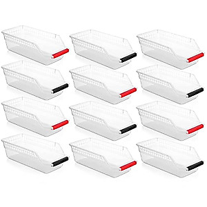 12 Pack - Multi-Purpose Shelf Baskets, Refrigerator Organizer Plastic Containers, Kitchen Pantry Cabinets Organization Bins, Clear