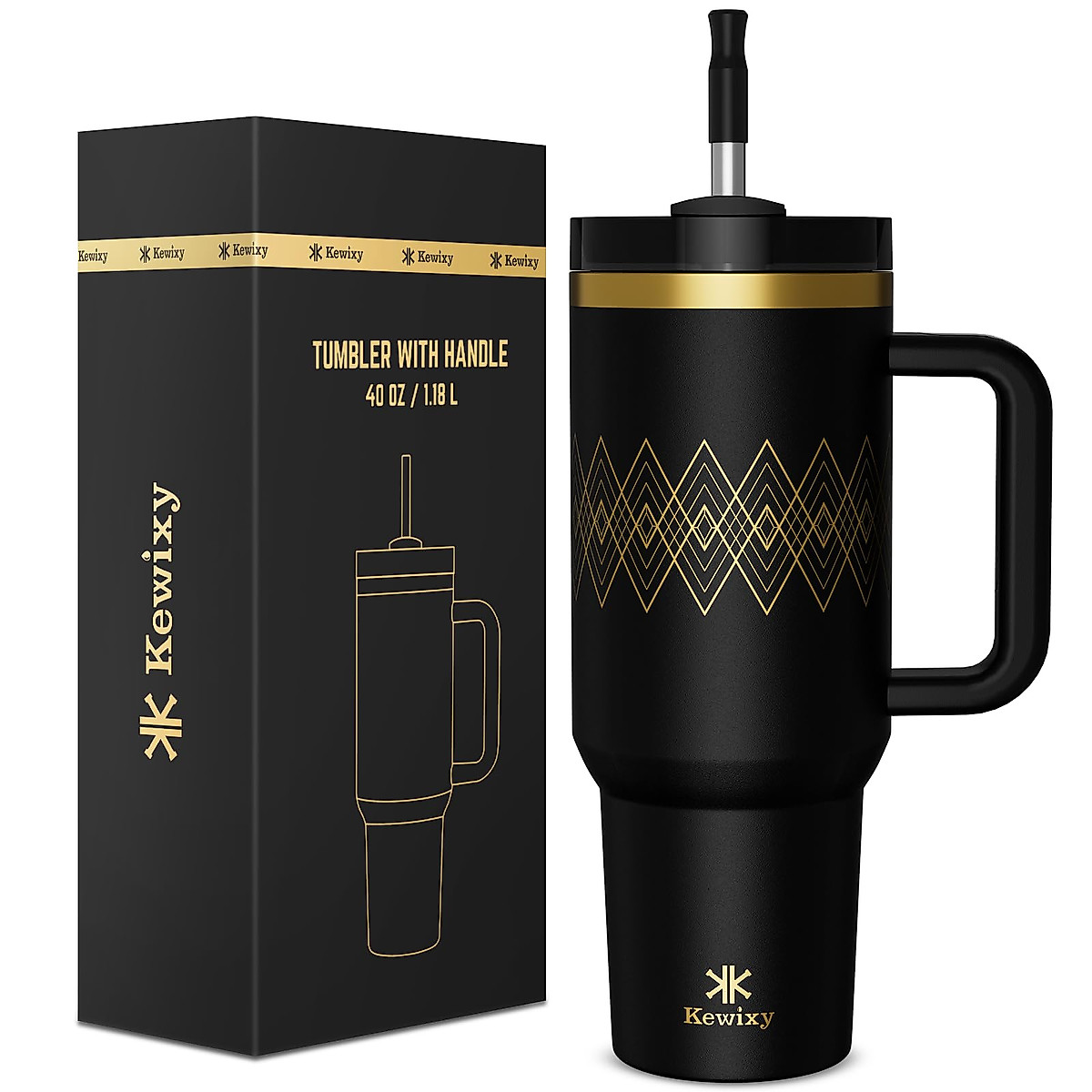KEWIXY 40 oz Tumbler With Handle and Straw, Gloss Insulated Travel Tumbler, Fits in Cup Holder, Travel Coffee Mug with Lid, Included Leak Proof Straw Cover -Diamondburst