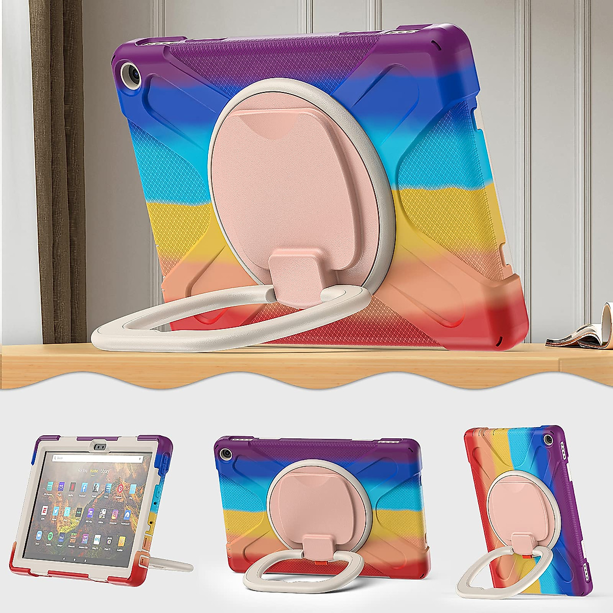 360 ° Rotation Portable Case for Fire HD 10 & 10 Plus Tablet (11th Generation, 2021 Release) Rugged Case Rotating Stand Hand Strap Shoulder Carrying Strap Outdoor Cover (Colourful Red)