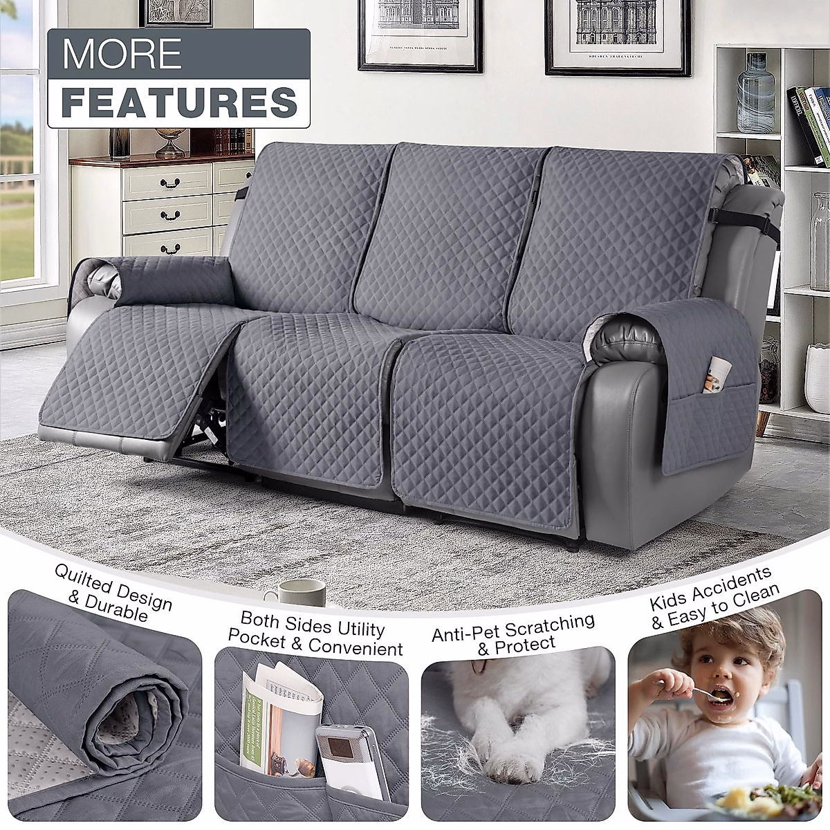 TAOCOCO Anti-Slip Recliner Sofa Cover Couch Covers for Leather Recliner Sofa, Pet Cover for Recliner Sofa, Washable Reclining Furniture Protector with Elastic Straps(3 Seater, Dark Grey)