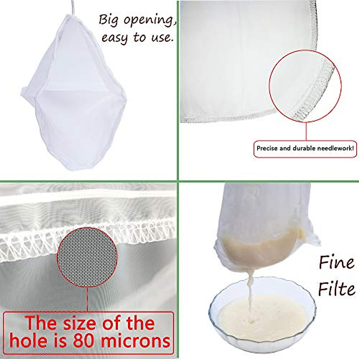 2 Pack - 80 Micron Nut Milk Bag - 12X12 Inches - Multiple Usage Reusable Food Strainer, Cold Brew Coffee Bag, Food Grade Nylon Mesh, BPA-Free, Cheesecloth Bag, Yogurt Strainer, Juice Filter