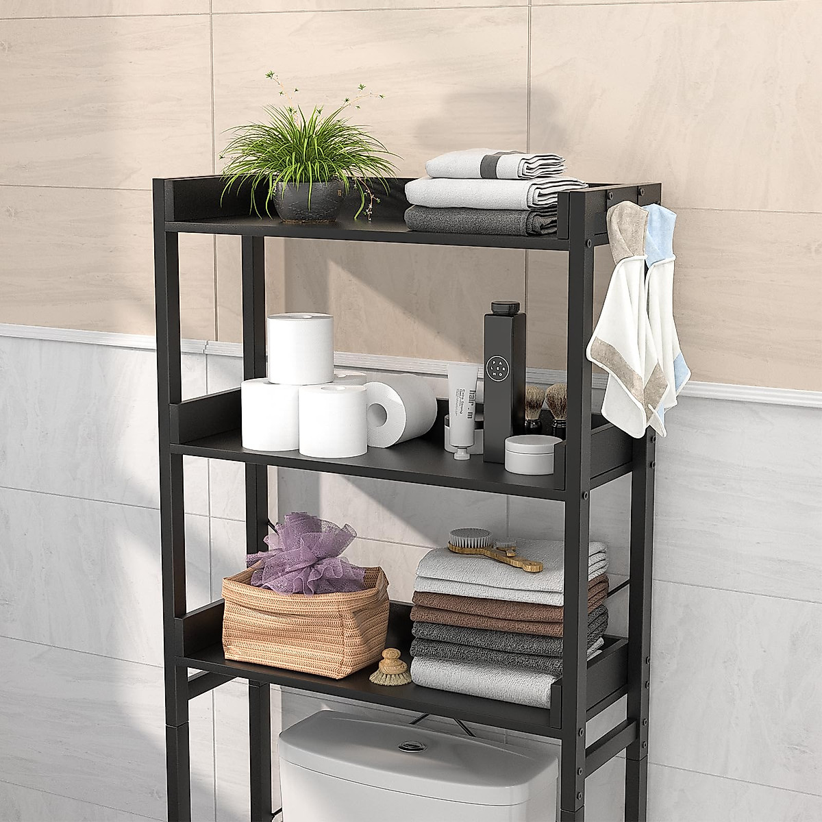 Ecoprsio Over-The-Toilet Storage Rack, 3-Tier Bathroom Organizer Shelf Over Toilet, Freestanding Space Saver Toilet Stands with 4 Hooks, Black