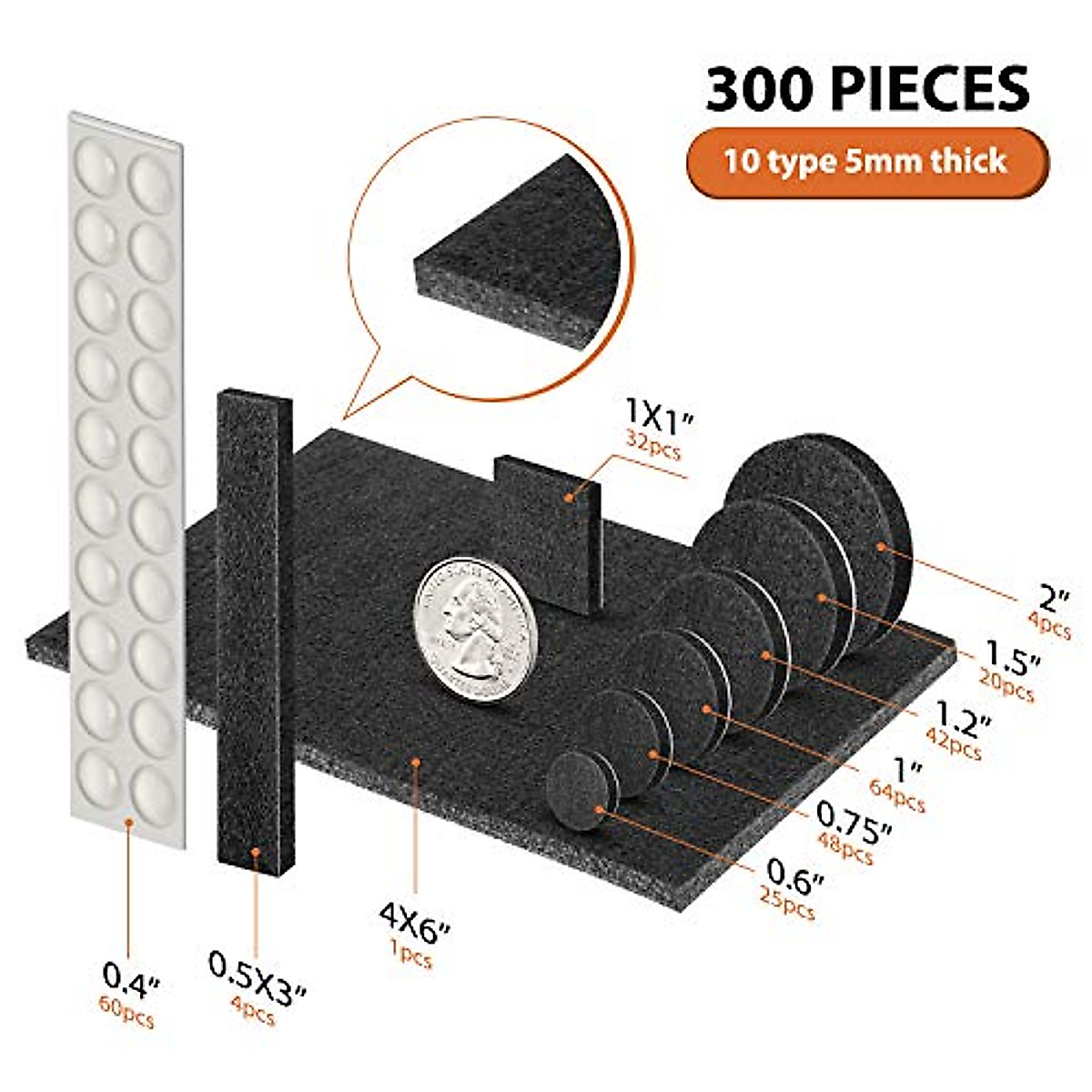 Furniture Pads 300 Pieces Felt Furniture Pads Premium Huge Pack, BAIPOK 5mm Thick Self Adhesive Anti Scratch Floor Protectors for Desk Chair Legs and 60 Rubber Bumpers for Hardwood Tile Floor