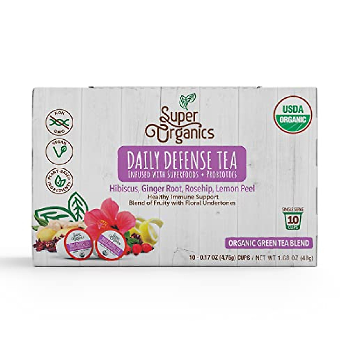 Super Organics Daily Defense Tea (Organic) with Superfoods and Probiotics (Keurig K-Cup Compatible) 10ct Single Serve Cups