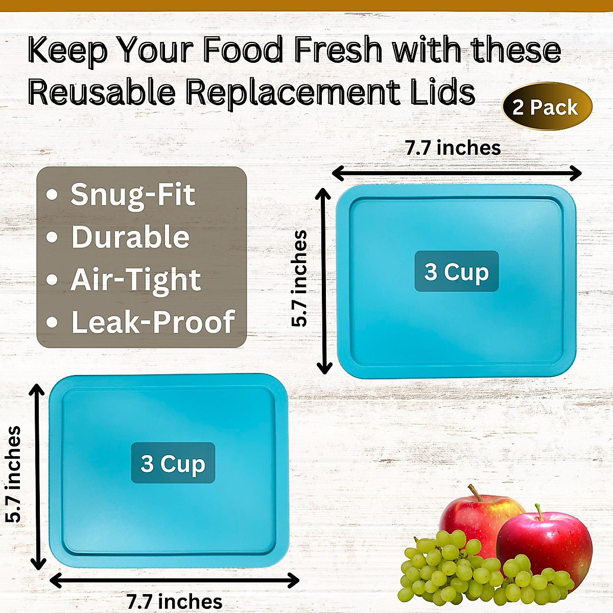 Klareware 3 cup Rectangle Plastic Food Storage Replacement Lids Covers for Klareware and Pyrex 7210-PC Glass Bowls (Container not Included) (2 Pack - Turquoise)