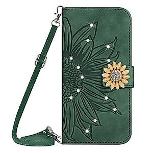 ONV Wallet Case Compatible with Samsung Galaxy S9 Plus - 1.5M Strap Glitter Shinny Sunflower Flip Leather Case Card Slot Shockproof Kickstand Magnetic Cover for Samsung Galaxy S9 Plus [HT] -Green-T