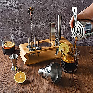 Esmula 12 Piece Bartender Kit with Bamboo Stand, 25oz Cocktail Shaker Set for Mixed Drink, Professional Bar Tool Set With Cocktail Recipes Booklet, Gift for Man Dad Friend (Silver)