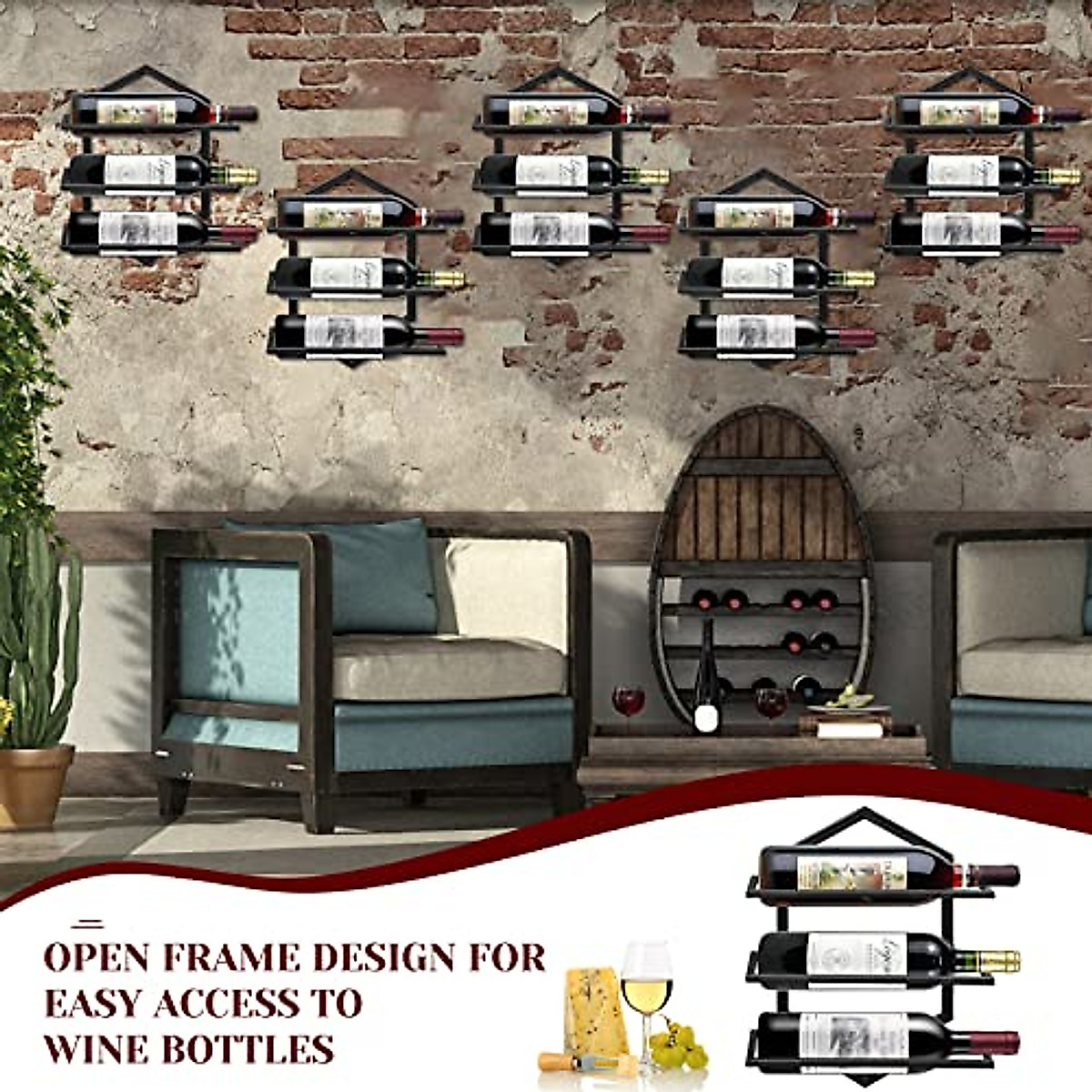 YALINKA 2Pcs Wall Mounted Wine Stemware Rack, Metal Hanging Wine Glass Display Holde Holds 3 Bottles, Elegant Storage for Kitchen Dining Room Bar Wine Cellar