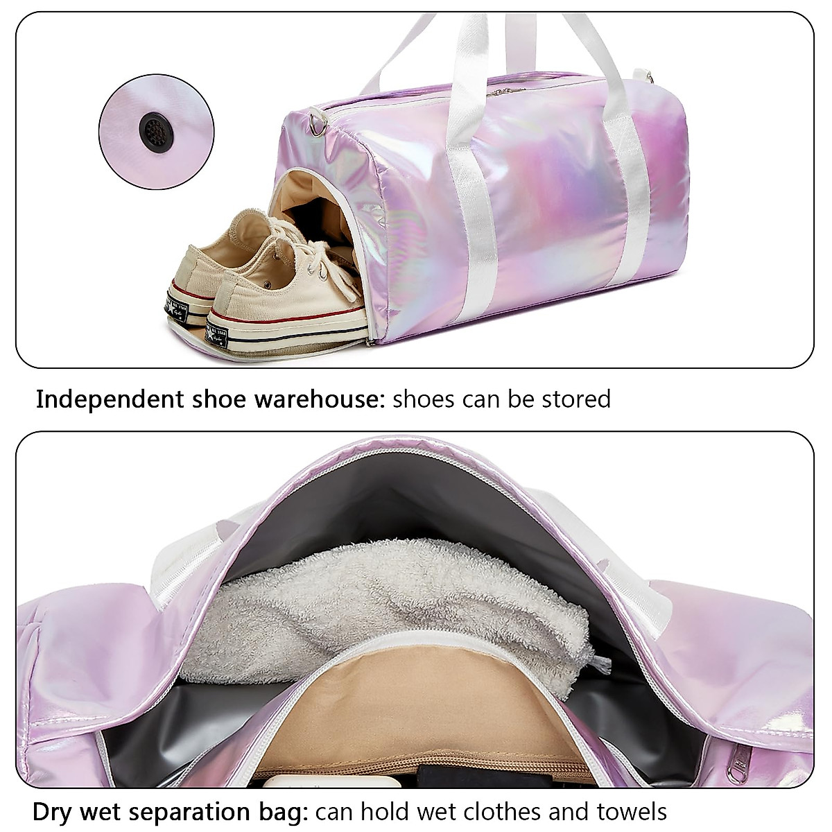 ZHIERNA Sports Gym Dance Bag for Women Girls, Shimmery Waterproof Duffle Travel Bag With Shoes Compartment and Wet Dry Pocket (Purple)