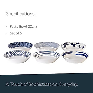 Royal Doulton Porcelain Pacific Mixed Patterns Set of 6 Pasta Bowls, 22cm, Blue