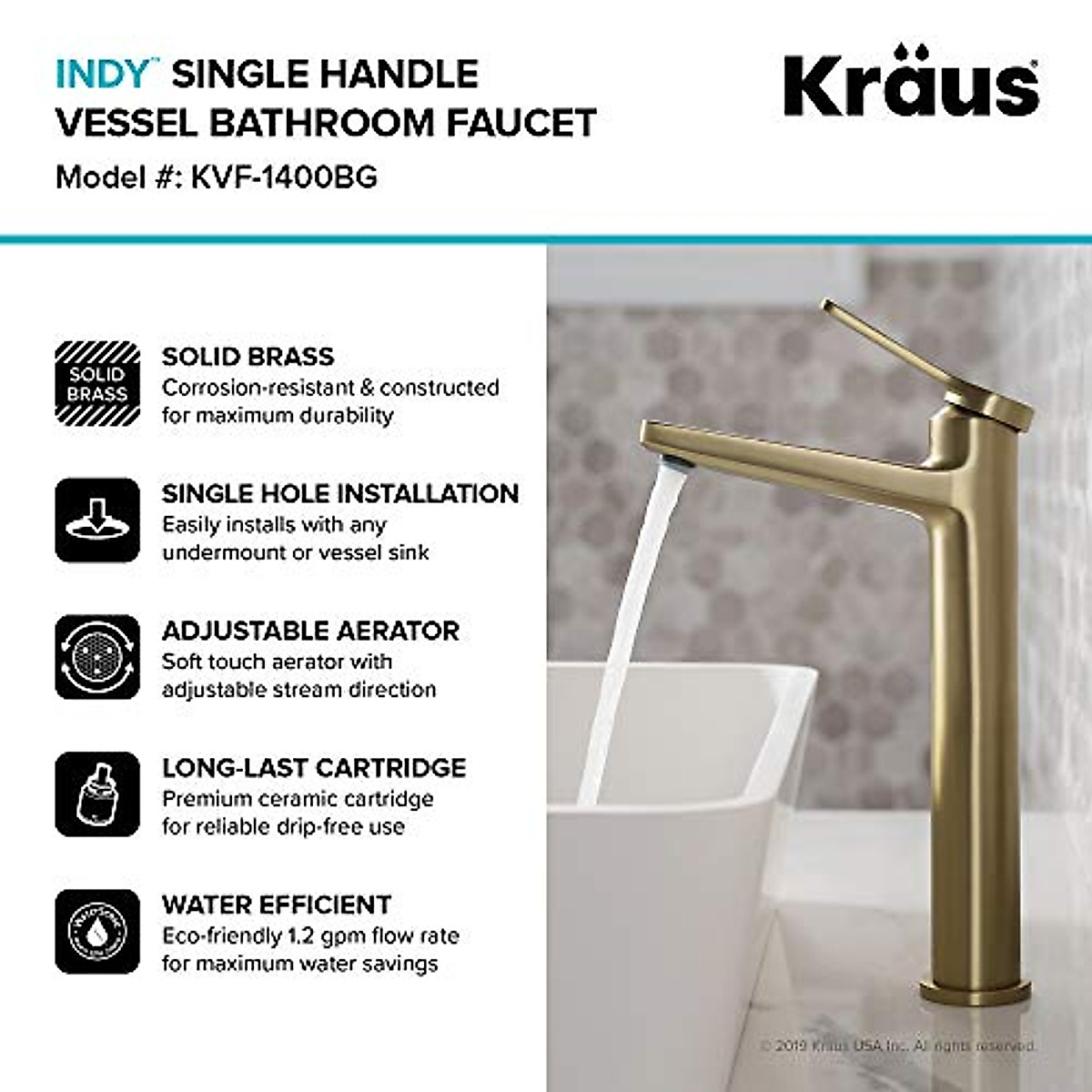 KRAUS Indy Single Handle Vessel Bathroom Faucet and Pop Up Drain in Brushed Gold, KVF-1400BG-PU-10BG