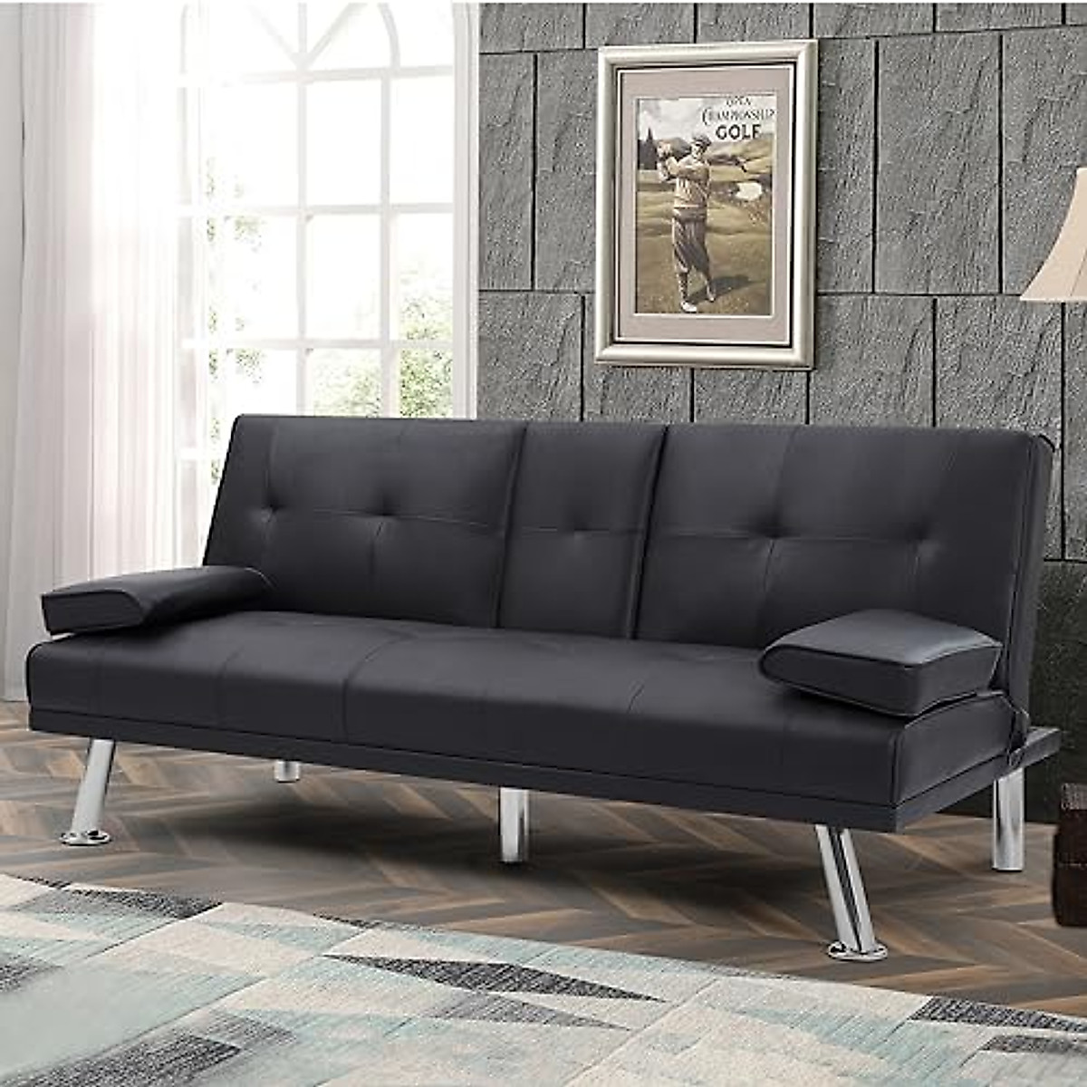 PAPAHUG Convertible Versatile Sleeper Folding Futon Bed,Adjustable Faux Leather Sofa Couch for Living Room,Metal Legs, 2 Cup Holders