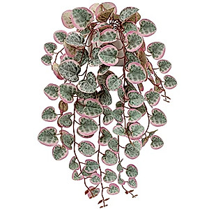 Briful Fake Plants 16'' Artificial String of Hearts Plants with Ceramic Pot Faux Pink White Ceropegia Woodii Succulent Plant for Home Bedroom Table Shelf Office Hotel Decor