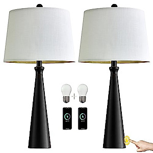 Oneach 25.75" Table Lamps Set of 2 for Living Room Bedroom, Bedside Lamp 3-Way Dimmable Touch Control, Modern Black Nightstand Light Fabric Shade Vintage Accent Style