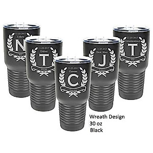 Groomsman 30 ounce Tumbler in Sets of 4 to 15 made of Stainless Steel Custom Engraved with a Clear Lid including Choices of Color, Design, Straw, Thank You Message and Spill Proof Slide Lid