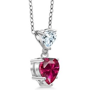 Gem Stone King 925 Sterling Silver Red Created Ruby and Sky Blue Aquamarine Double Heart Pendant Necklace for Women (2.12 Cttw, Heart 8MM and 5MM, with 18 Inch Silver Chain)