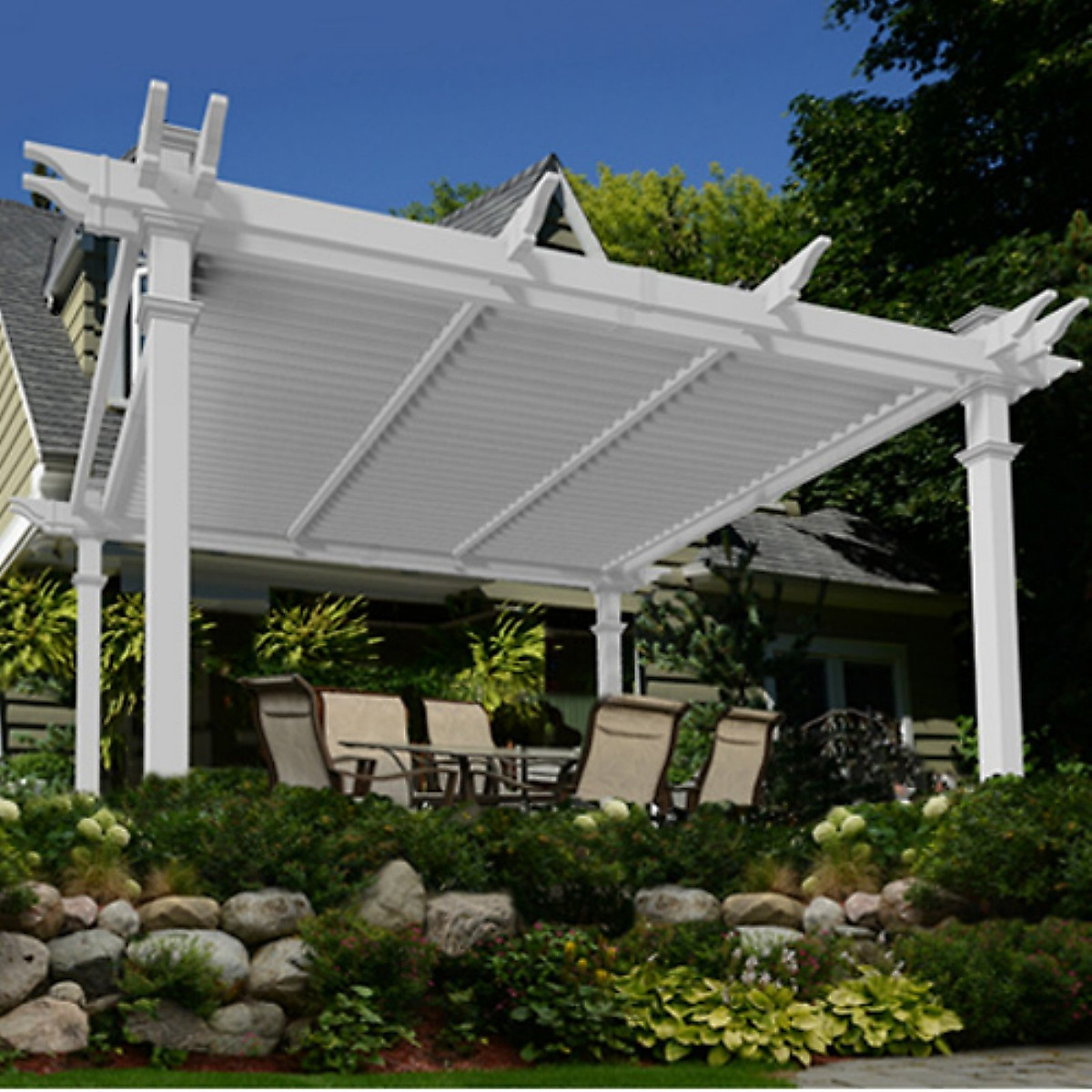 Camelot 12' x 12' Adjustable Louvered Vinyl Pergola & New England Arbors Bolt Down Bracket Kit for Pergolas - VA80205