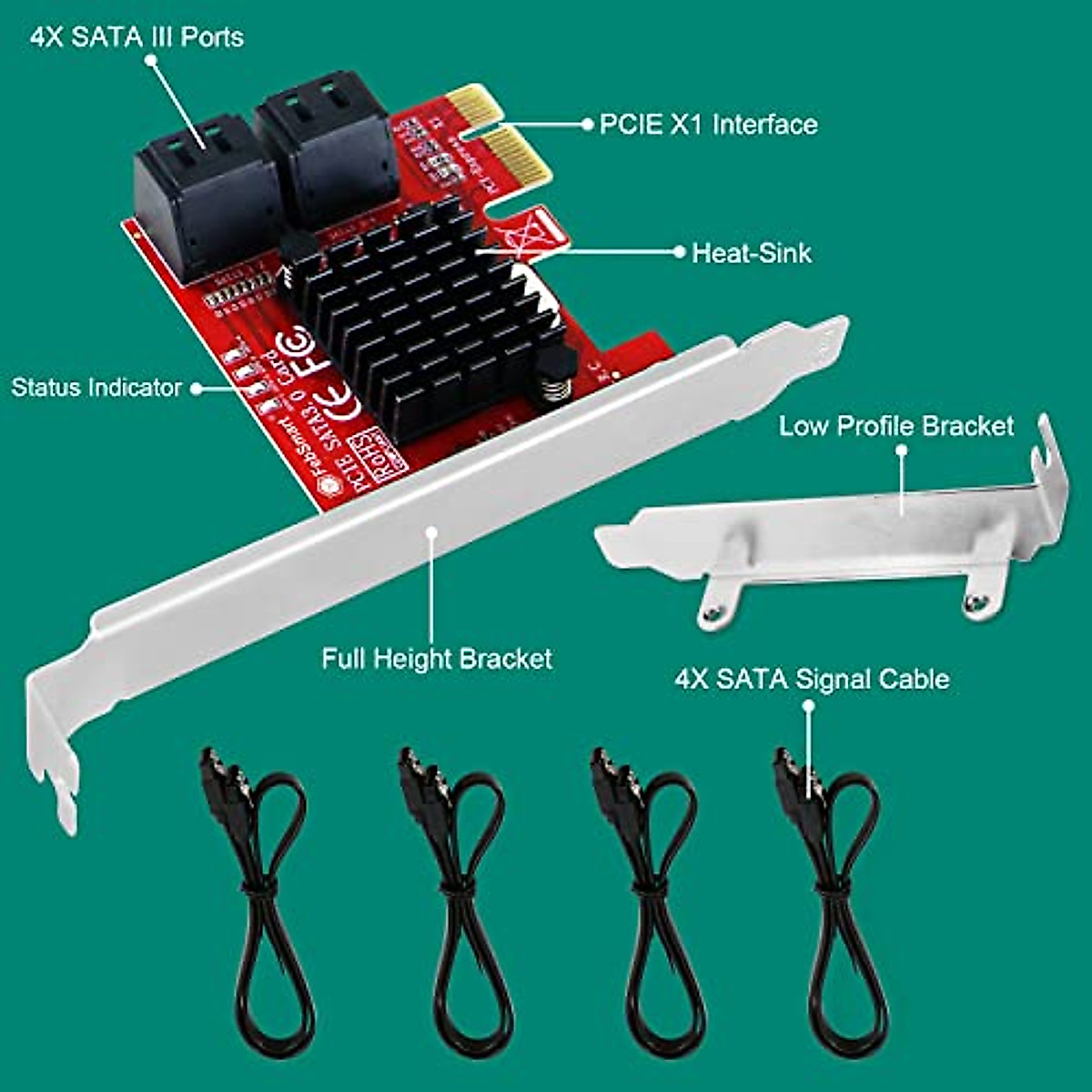 FebSmart PCIE 3.0 to 4-Ports 6Gbps SATA III Expansion Card for Desktop PCs, Plug and Play on Windows OS, MAC OS, Linux, ASMedia ASM1064 None-Raid PCIE 3.0 SATA III Host Controller (FS-S4-Pro V2)