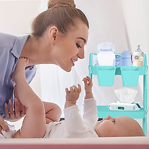 Baby Diaper Caddy Organizer Metal Rolling Storage Cart on Handle 3-Tier Rolling Mobile Utility Cart Movable Storage Organizer with Wheels Multifunction Newborn Essentials Cart Easy Assembly(Blue)
