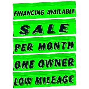 Versa Tags Windshield Slogan Stickers 12 Pack Each of FINANCING Available, Sale, PER Month, ONE Owner, Low Mileage (60) Window Stickers Total Dealership Stickers Black On Green