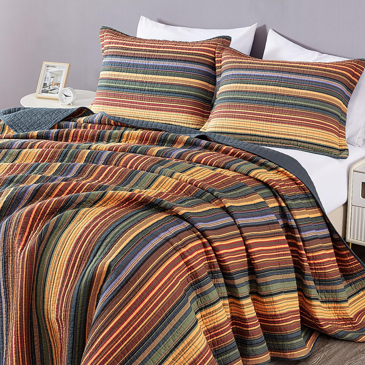 Chezmoi Collection Avery 3-Piece Multi-Color Striped 100% Washed Cotton Quilt Set King Size