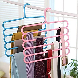 Creative Enterprises Multi-Purpose 5 Layers Trouser Hanger Set of 5, Magic Closet Hangers Space Saver Storage Plastic Hanger (Multi Colour-Pack of 5)