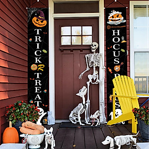 3 Pieces Halloween Trick or Treat&hocus pocus Banner and Thanksgiving Reversible Banner Happy Fall Harvest Thanksgiving Halloween Day Porch Sign Hanging Sign for Fall Decorations Outdoor,Front Door