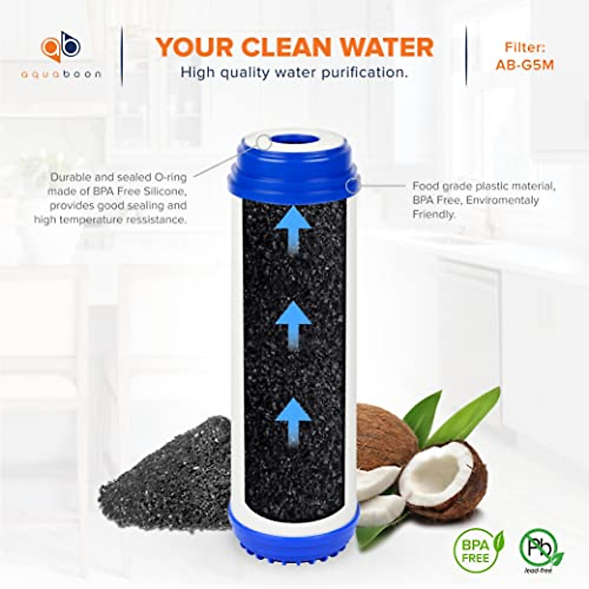 Aquaboon 5 Micron 10x2.5" Granular Activated Carbon Water Filter Replacement | Universal 10 inch Coconut Shell GAC Cartridge | Compatible with C-10, WFPFC9001, AP117, GAC-10, FXUTC, D-20A, GAC1 2-Pack