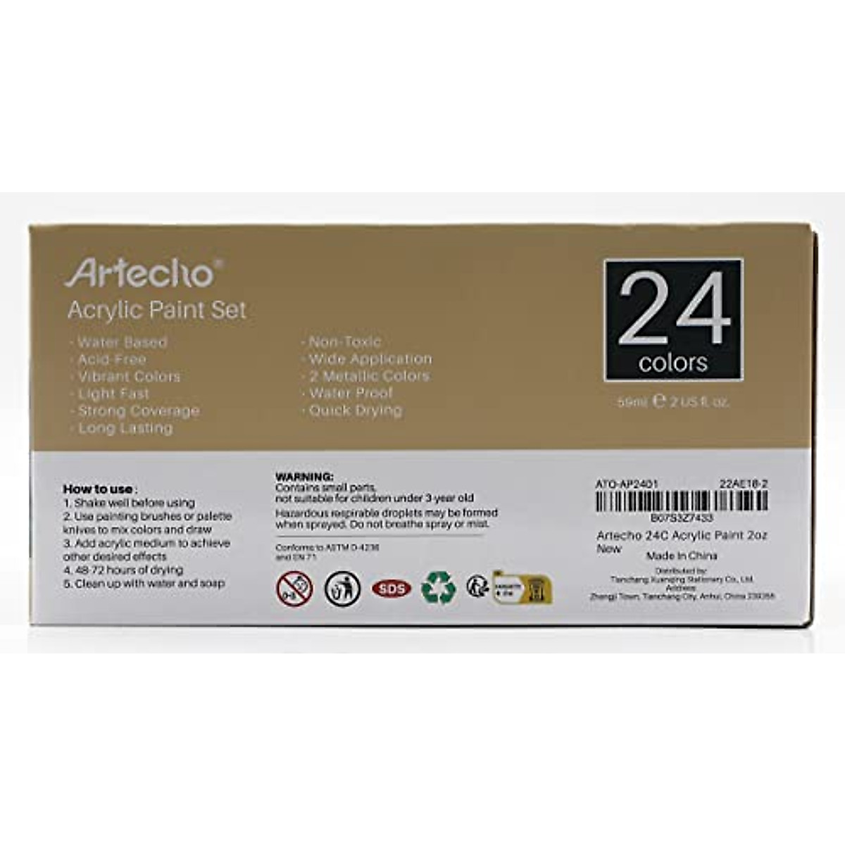 Artecho Acrylic Paint Set 24 Colors 2oz/59ml, Art Craft Paint for Art Supplies, Paint for Canvas, Rocks, Wood, Fabric and Ceramic, Non Toxic Paint for Artists, Students, Beginners and Adults
