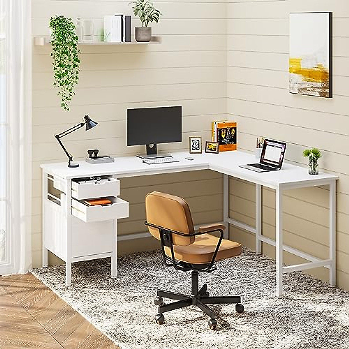 Tribesigns L Shaped Desk with File Drawer Cabinet, 59 Inch Corner Desk L Shaped Computer Desk with Drawers, PC Table Writing Desk for Home Office, White