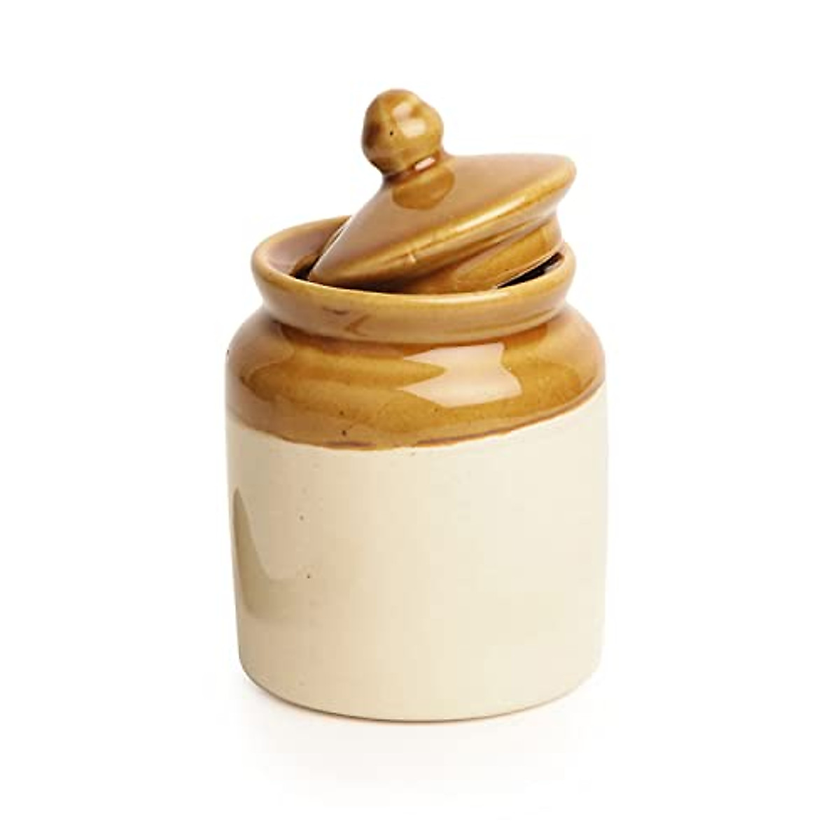 ExclusiveLane 'Old Fashioned' Ceramic Pickle Jar Set with Hand Carved Wooden Tray for Dining Table, Kitchen | Pickle Jars with Lids Indian Style, Achaar Storage, Set of 2 (230 ML)