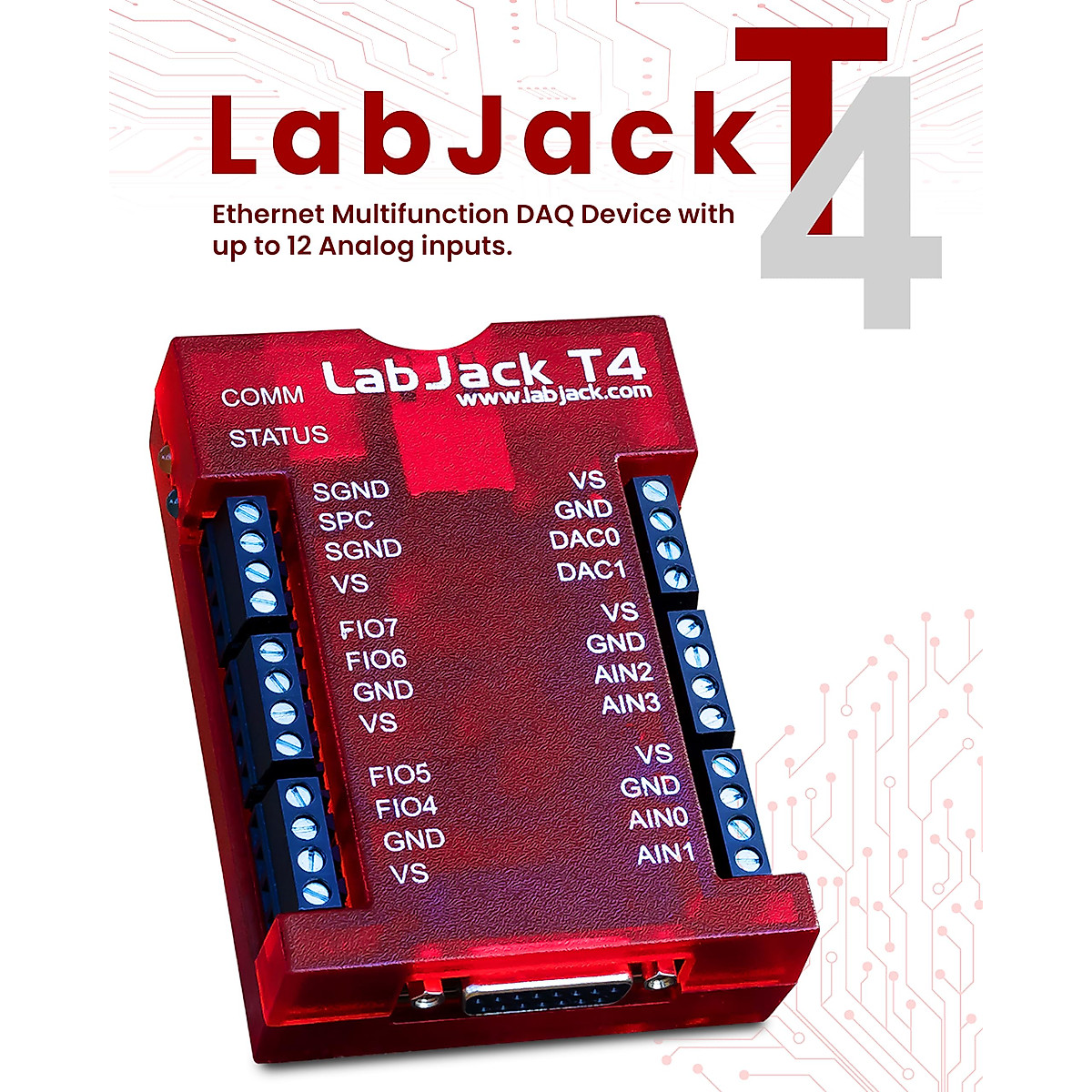 T4-USB Data Logger or Ethernet Multifunction DAQ Device with up to 12 Analog inputs or 16 Digital I/O, 2 Analog outputs (10-bit), and Multiple Digital counters/timers.
