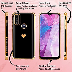 Shorogyt (3in1 Heart Case for Motorola Moto G Pure 2021 6.5 Inch Women Cute Aesthetic Love Hearts Pattern Girls Black Gold Luxury Girly Design Phone Cases Cover+Screen+Chain for G Pure 2021