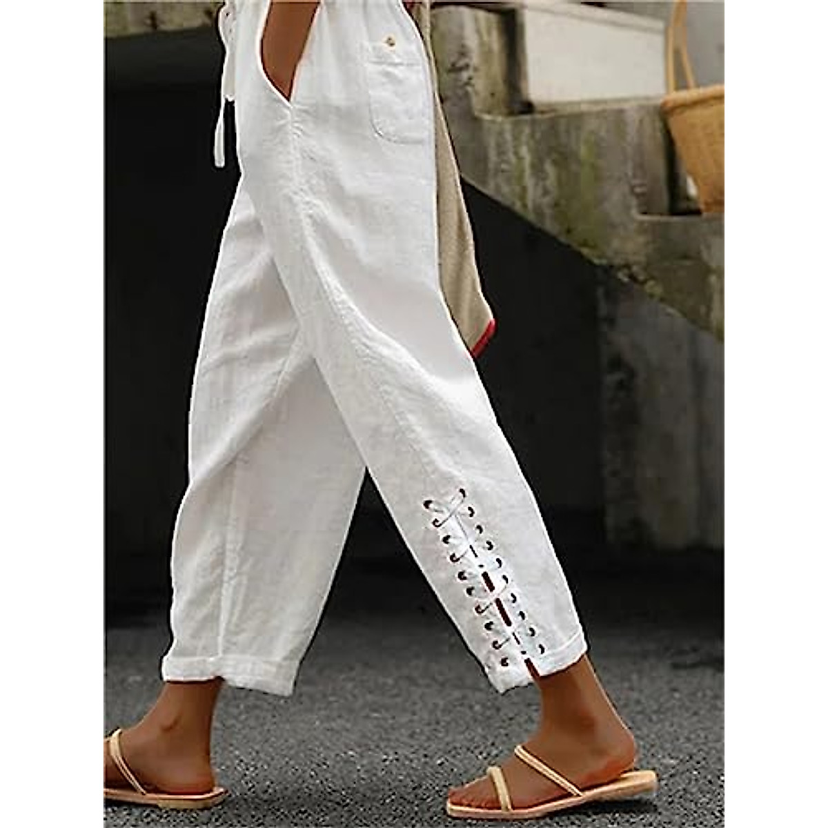 BIRW Size L White Womens Linen Pants with Pockets High Waist Comfy White Gauze Pants for Women Casual Summer Lightweight Loose Embroider Oceanside Trousers Tapered Ninth Pants