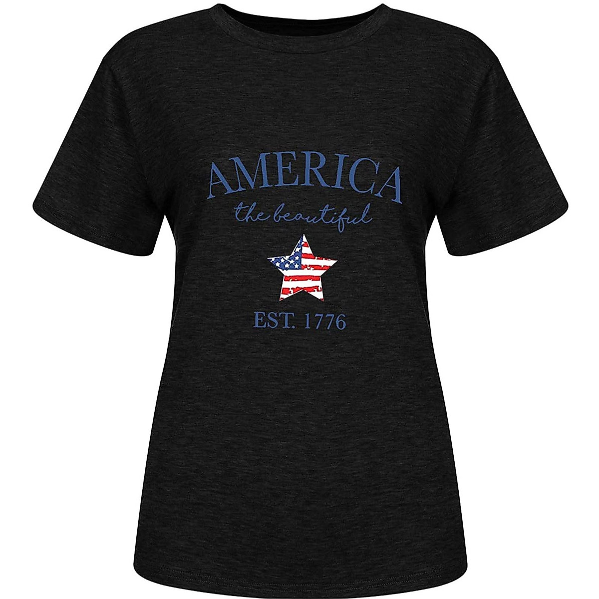 wodceeke Women's Summer Tops Star and Stripe Print Short Sleeve T-shirt Casual Loose Solid Color Independence Day Tee (Black,XL)